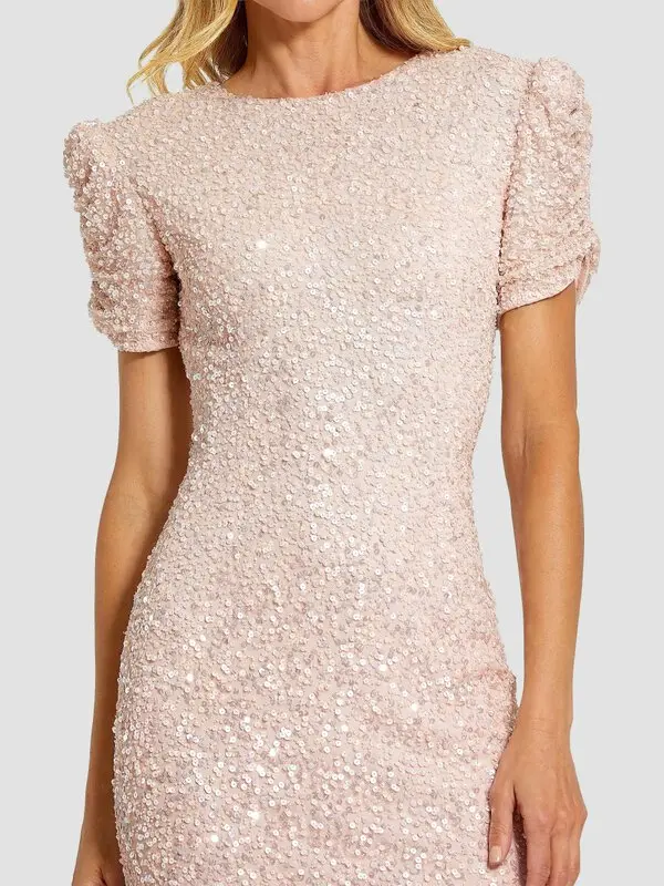 Mac Duggal Petite Beaded Mesh Column Short-sleeve Gown