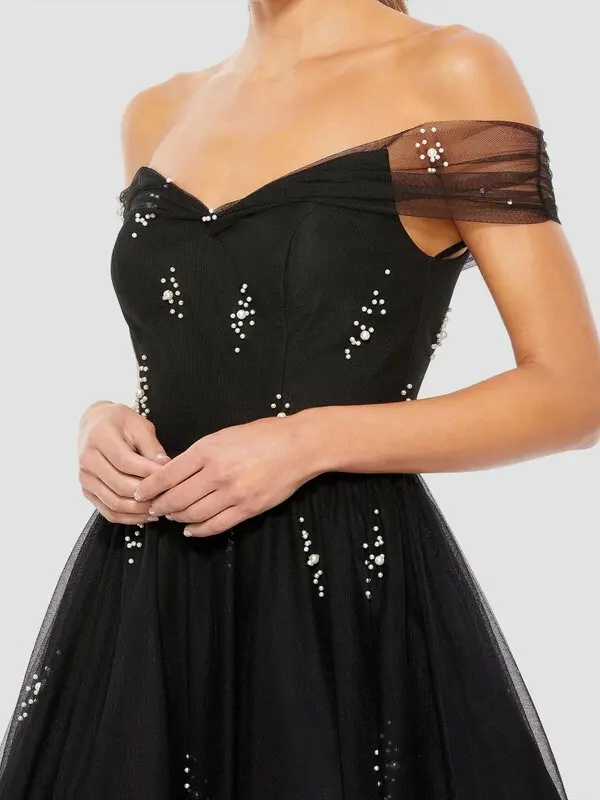Mac Duggal Imitation Pearl-embellished Off-the-shoulder Cocktail Dress