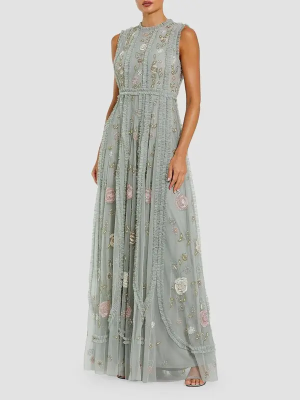 Mac Duggal Petite Floral-embroidered Ruffled Mesh Gown