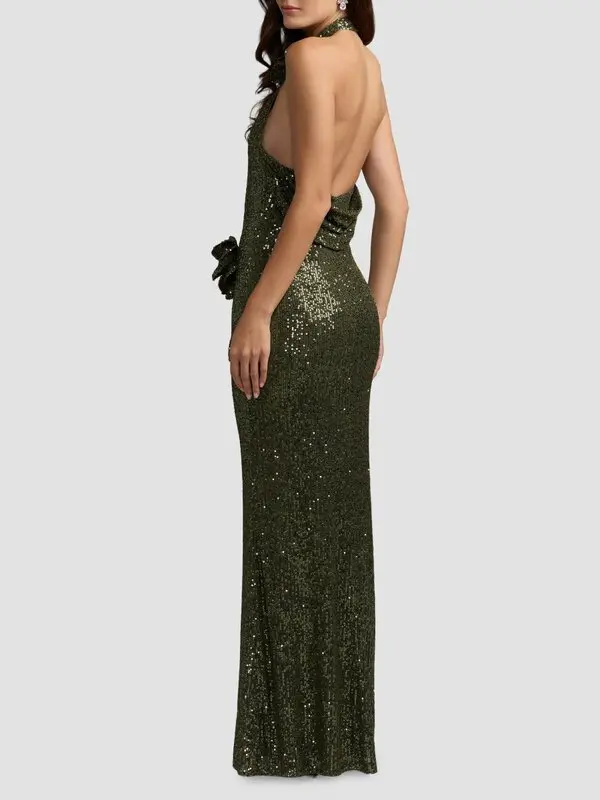 Mac Duggal Sequin 3d Flower Halter Column Gown