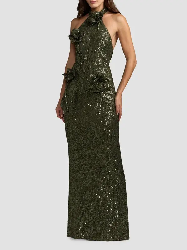 Mac Duggal Sequin 3d Flower Halter Column Gown