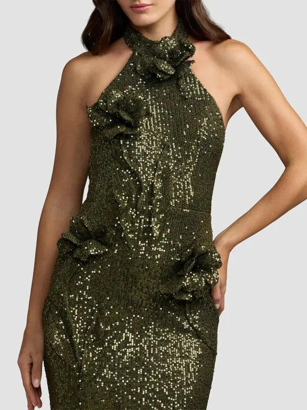 Mac Duggal Sequin 3d Flower Halter Column Gown
