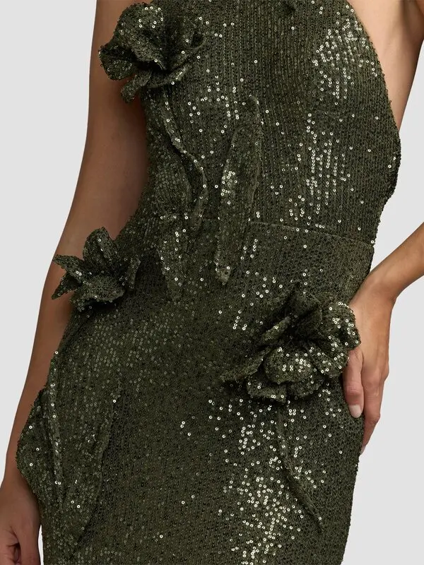 Mac Duggal Sequin 3d Flower Halter Column Gown