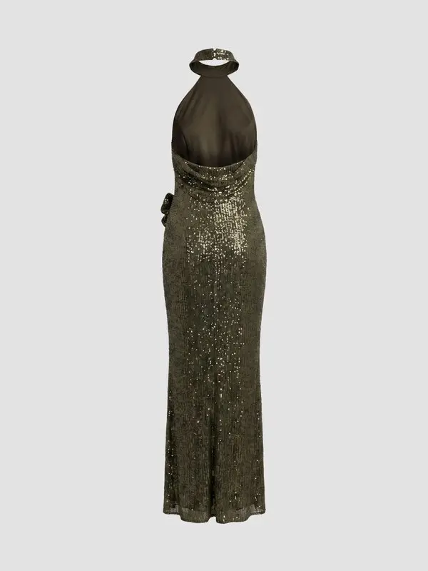 Mac Duggal Sequin 3d Flower Halter Column Gown