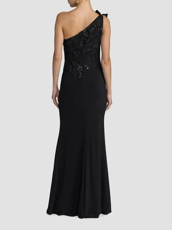 Mac Duggal Flower Sequin One-shoulder Jersey Gown
