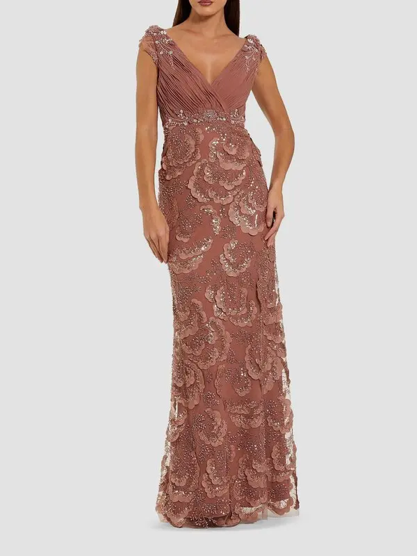 Mac Duggal Petite Floral-appliqué Embellished Chiffon Column Gown