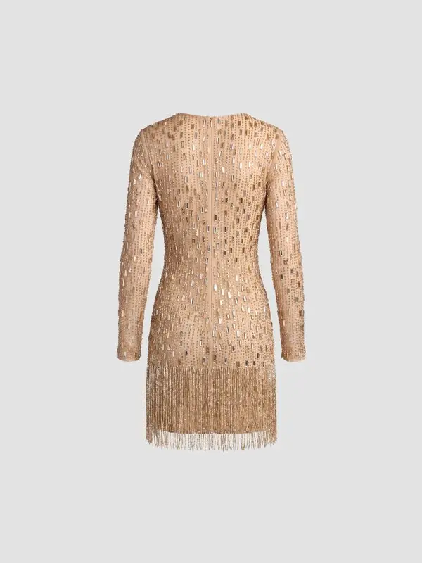 Mac Duggal Beaded Mesh Fringe-hem Mini Dress
