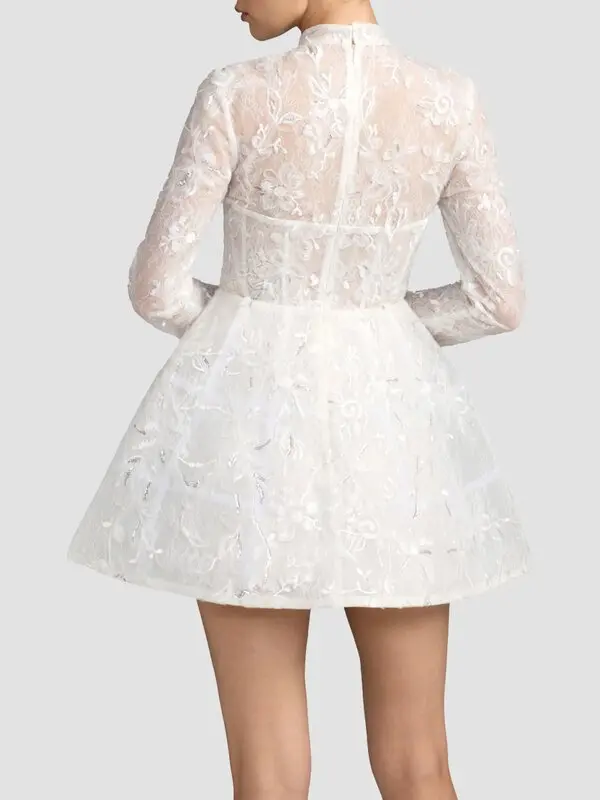 Mac Duggal Embellished Floral Lace Mini Dress