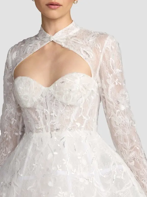 Mac Duggal Embellished Floral Lace Mini Dress