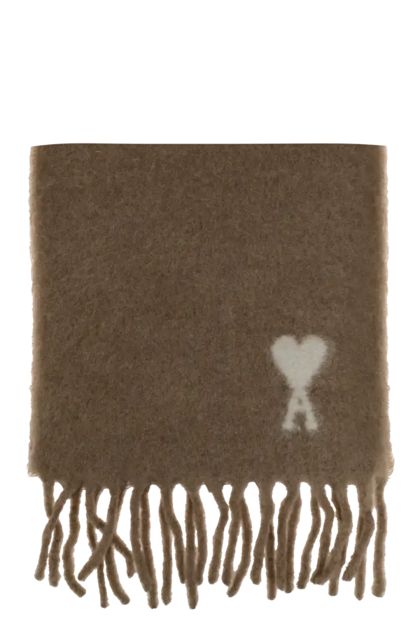 AMI Paris Wool Scarf With Logo - Brown