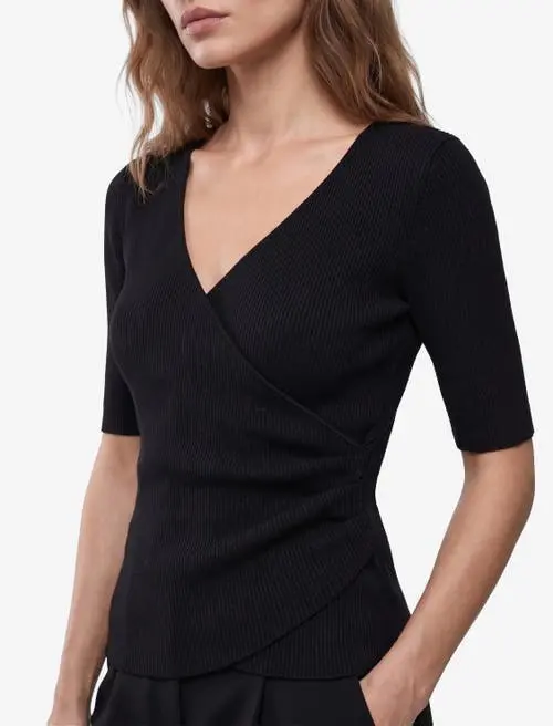 Koton Short Sleeve V Neck Wrap Ribbed Knit Sweater - Black