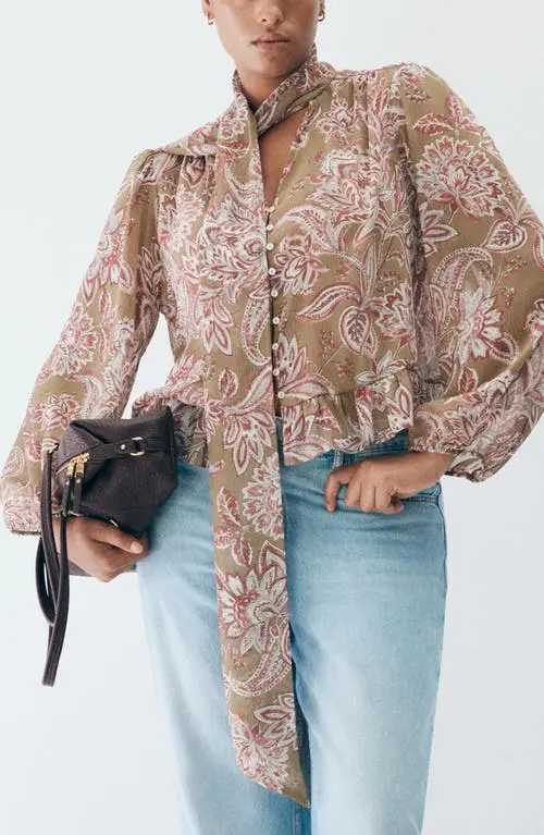 Mango Floral Print Tie Neck Top