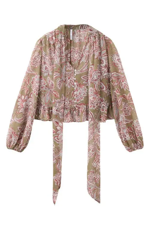 Mango Floral Print Tie Neck Top