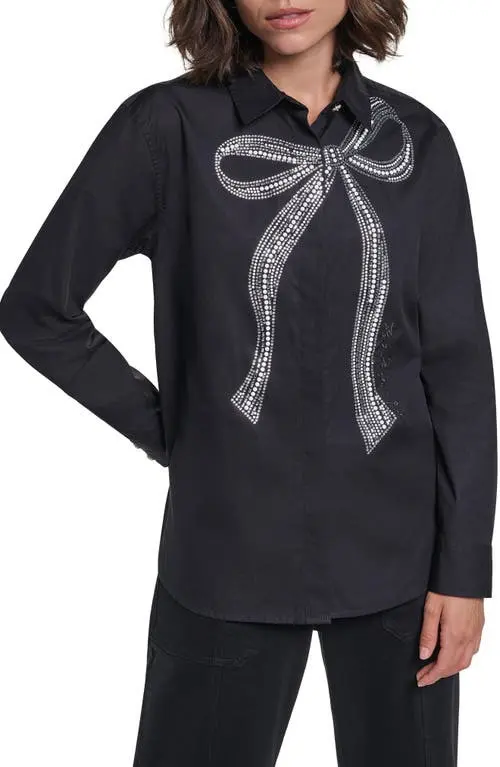 Karl Lagerfeld Paris Crystal Bow Cotton Poplin Shirt - Black