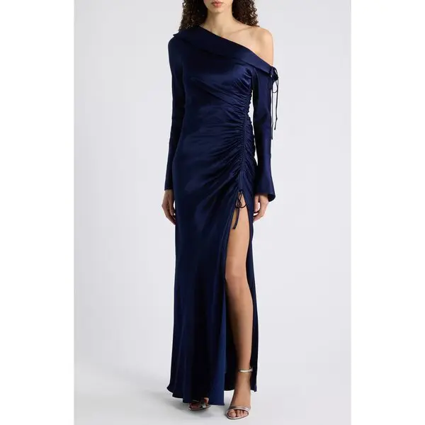 Shona Joy La Lune One-shoulder Long Sleeve Satin Gown - Midnight