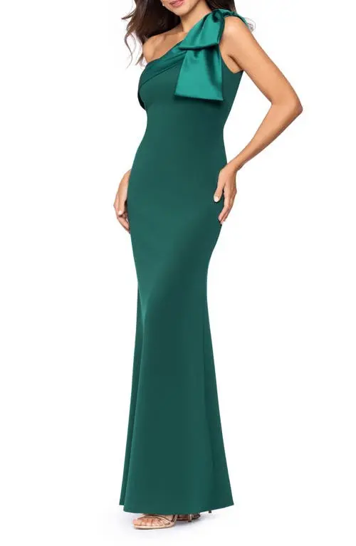 Betsy & Adam Satin Bow Detail One-shoulder Scuba Crepe Sheath Gown