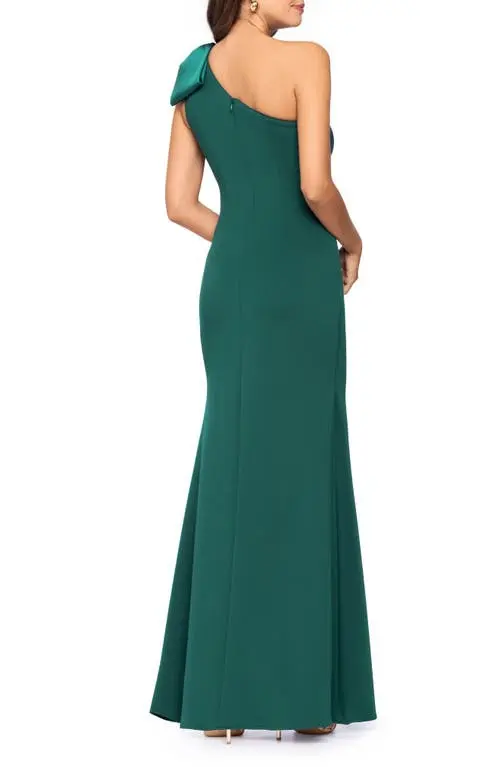 Betsy & Adam Satin Bow Detail One-shoulder Scuba Crepe Sheath Gown