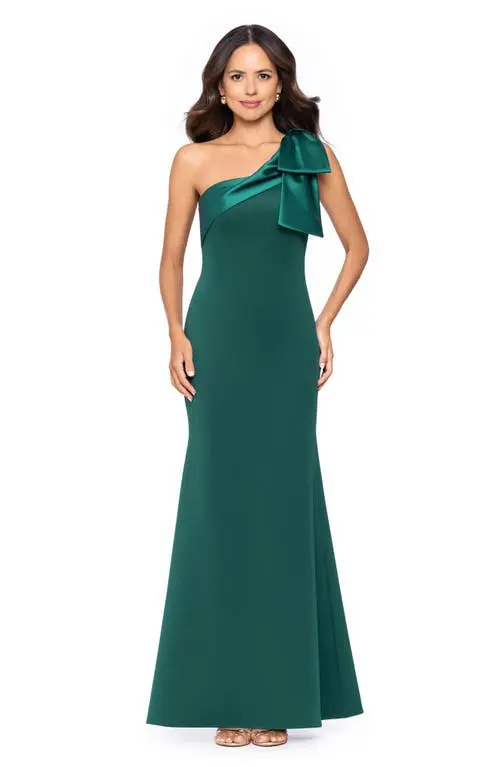 Betsy & Adam Satin Bow Detail One-shoulder Scuba Crepe Sheath Gown
