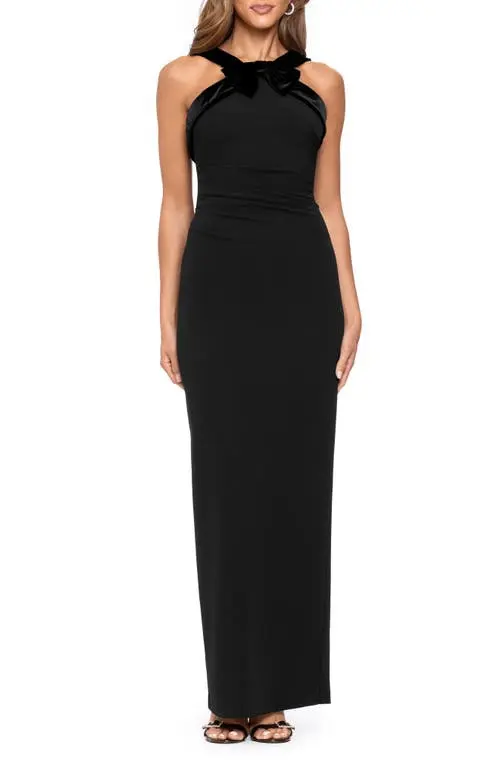 XSCAPE EVENINGS Scuba Crepe Halter Gown