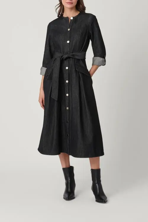 Shoshanna Leather Denim Mixed Media Izzy Dress - Jet