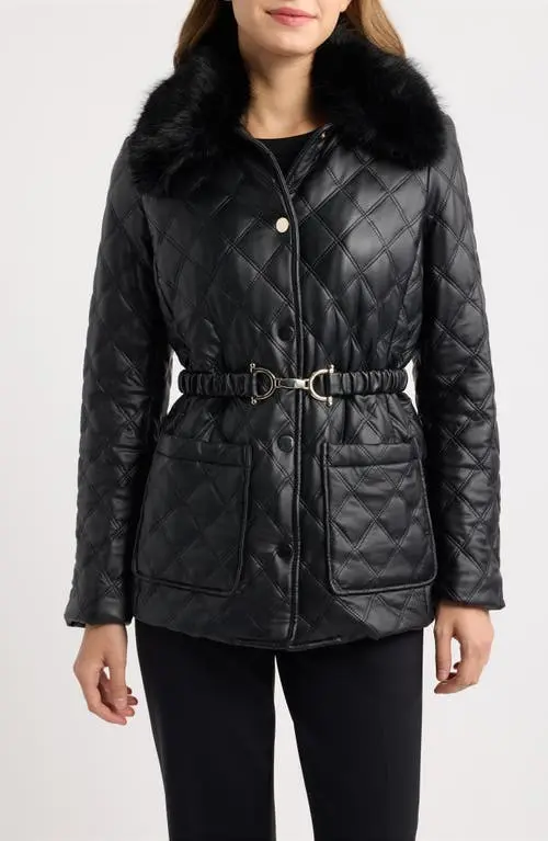 Anne Klein Double Diamond Quilted Jacket With Removable Faux Fur Collar - Anne Black