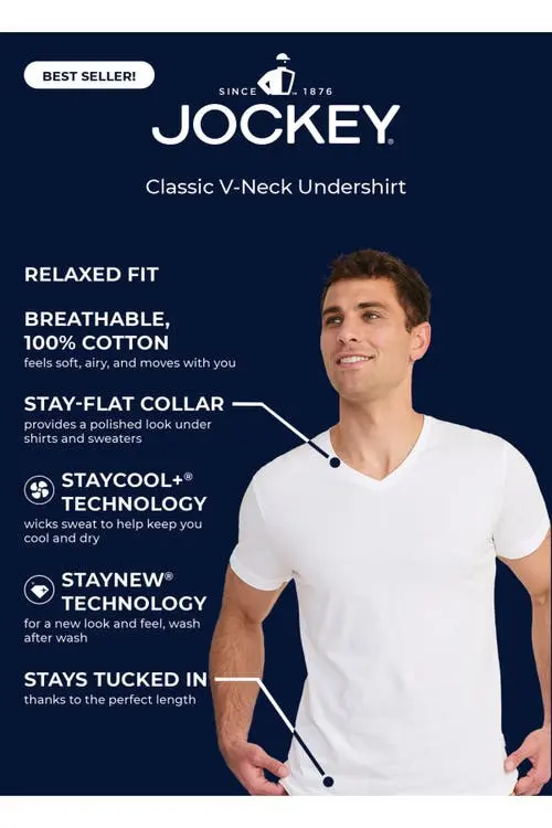 JOCKEY 100% Cotton Classic V-neck Undershirt12 Pack - Black