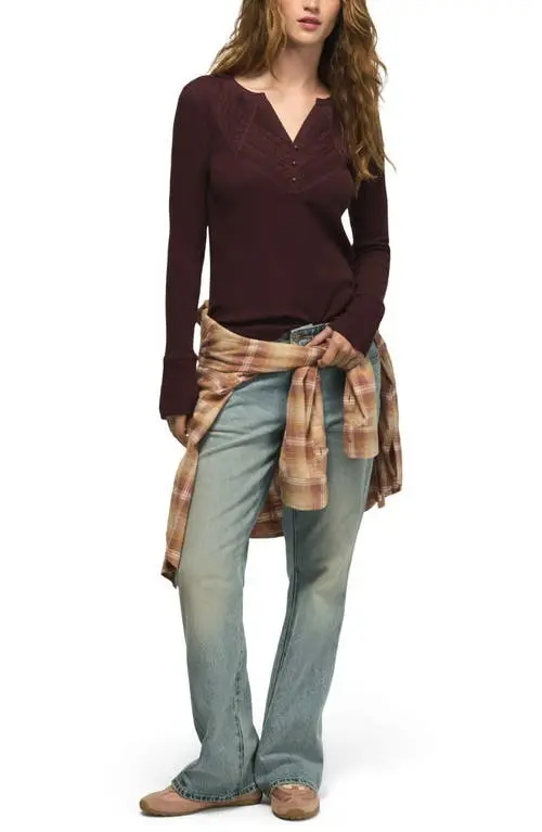 Lucky Brand Lace Trim Waffle Stitch Henley Top