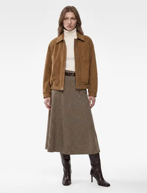 Koton Long Sleeve Pointed Collar Faux Suede Bomber Jacket