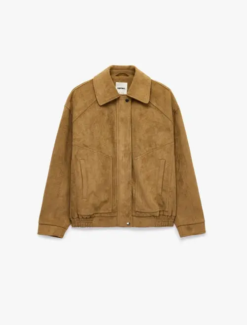 Koton Long Sleeve Pointed Collar Faux Suede Bomber Jacket