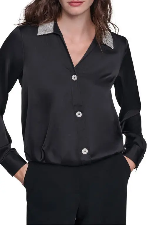 Karl Lagerfeld Paris Crystal Collar Satin Surplice Shirt - Black