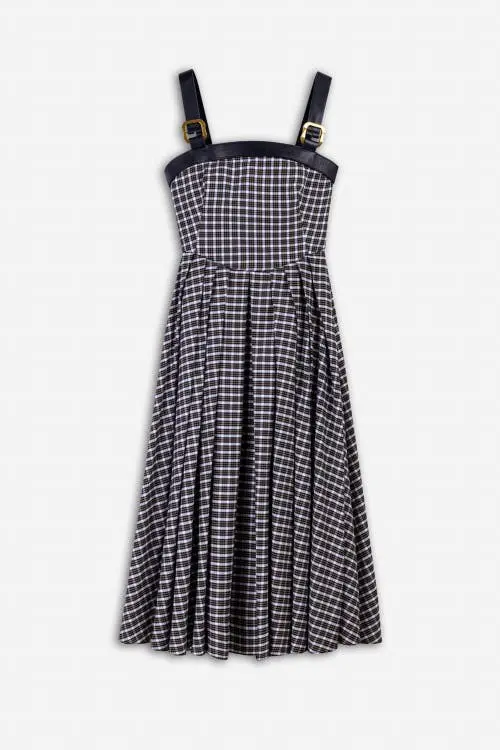 NOCTURNE Buckle Strap Checked Midi Dress