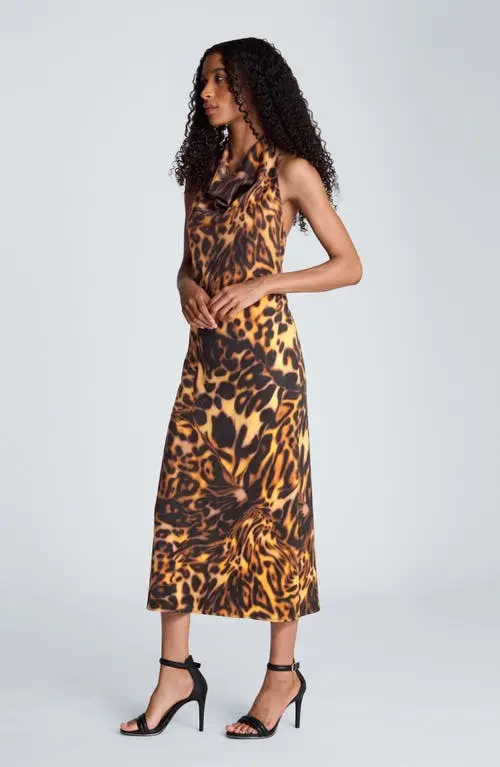 KENNETH COLE COLLECTION Leopard Print Satin Halter Dress