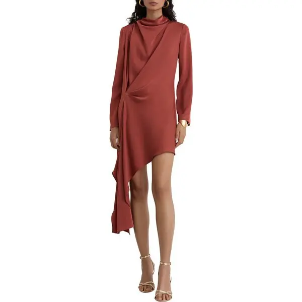 REISS Bethany Cowl Neck Long Sleeve Minidress - Rust Orange
