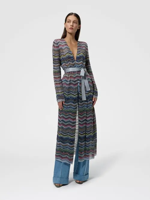 Missoni Long Chevron Viscose-blend Cardigan With Belt