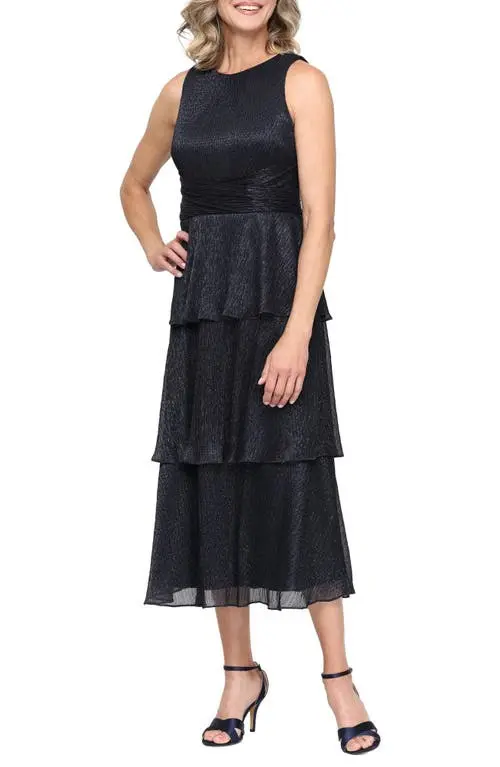 SL FASHIONS Shimmer Tiered Sleeveless Bodre Cocktail Dress - Navy