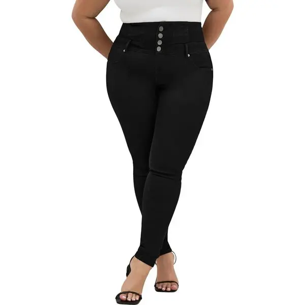 City Chic Harley Exposed Button High Waist Skinny Jeans - Black