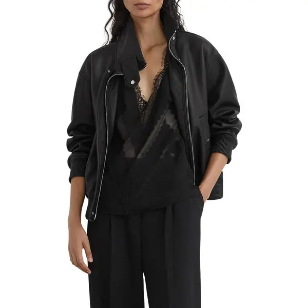 REISS Cara Leather Bomber Jacket