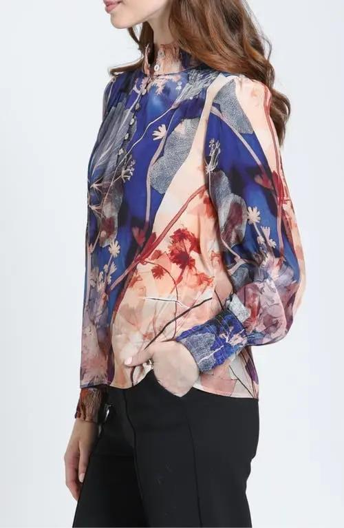 APNY Print Smocked Cuff Long Sleeve Top - Twilight Indigo Multi