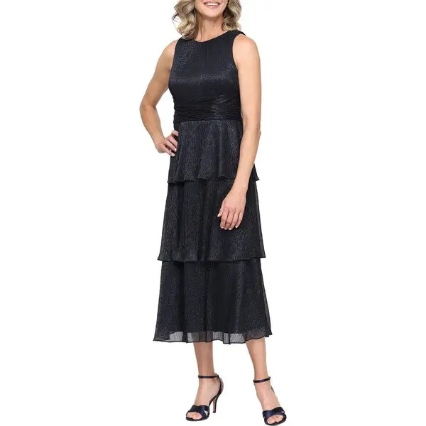SL FASHIONS Shimmer Tiered Sleeveless Bodre Cocktail Dress - Navy