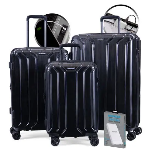 NONSTOP New York Elite 3 Piece Luggage Set With Powerbank & 3 Packing Cubes - Black