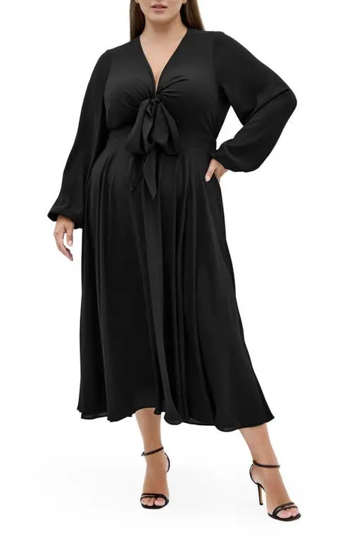 City Chic Adelyn Tie Front Long Sleeve Midi Dress - Black