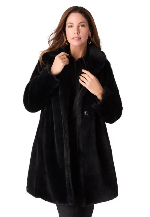 Roaman's Mid Length Luxe Faux Fur Coat - Black