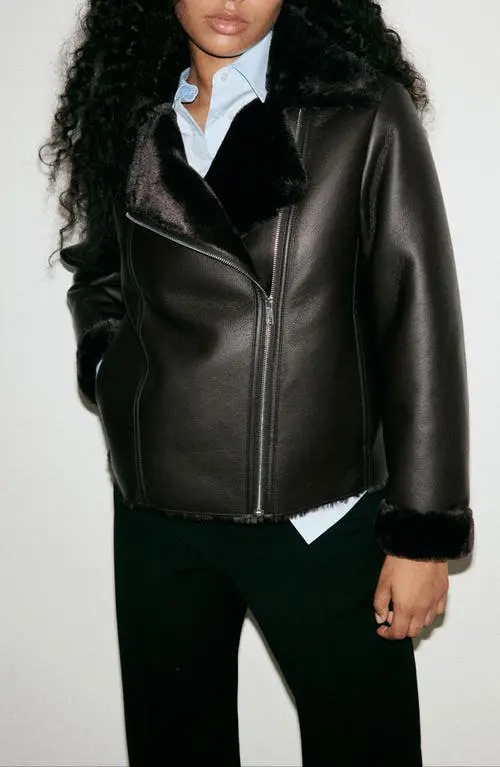Mango Faux Leather & Faux Fur Moto Jacket - Chocolate