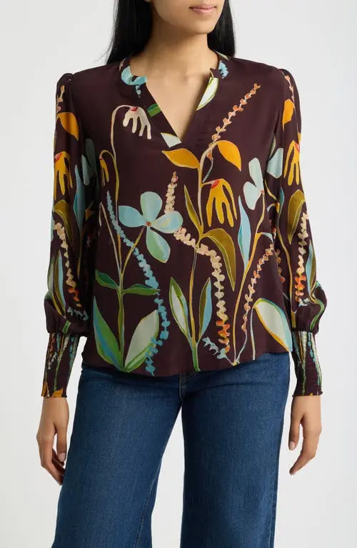 APNY Print Split Neck Top With Smocked Cuffs