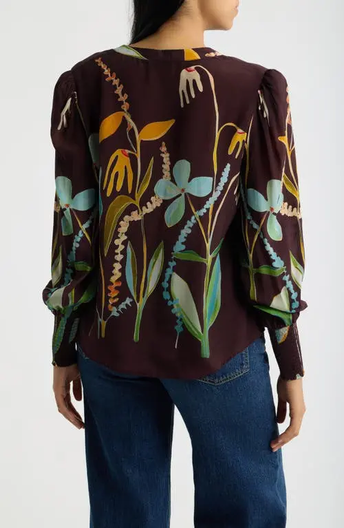 APNY Print Split Neck Top With Smocked Cuffs