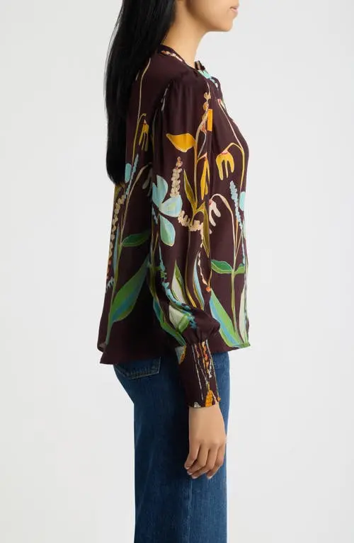 APNY Print Split Neck Top With Smocked Cuffs