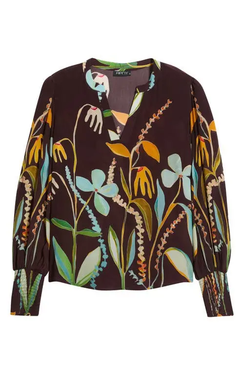 APNY Print Split Neck Top With Smocked Cuffs