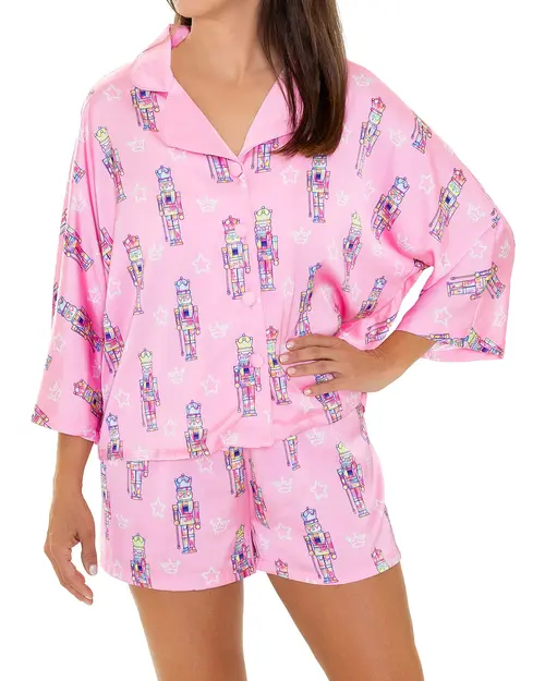 SUNSHINE SOCIETY Graffiti Nutcracker 3/4 Sleeve Shorts Set - Pink