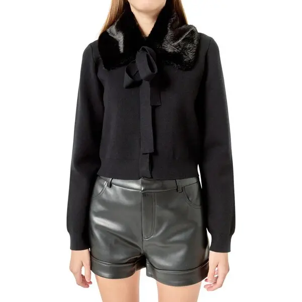 English Factory Faux Fur Collar Knit Cardigan - Black