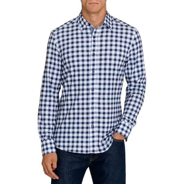 CON.STRUCT Slim Fit Textured Harlow Plaid Performance Long Sleeve Shirt - Light Blue